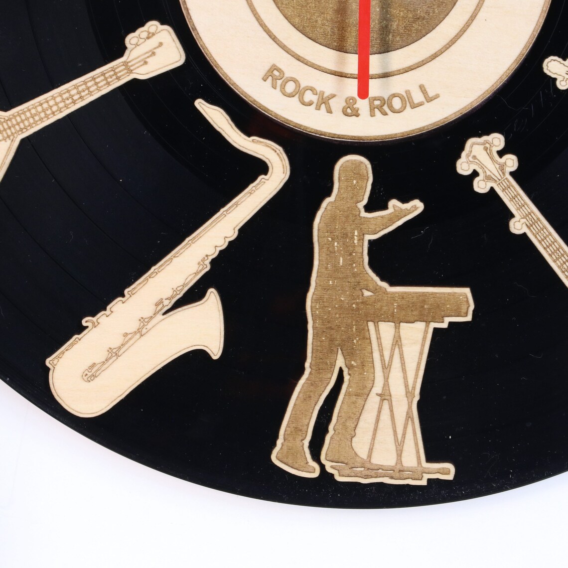 11.75" Vinyl & Wooden Musical Instrument Wall Clock, 12 Instruments ...