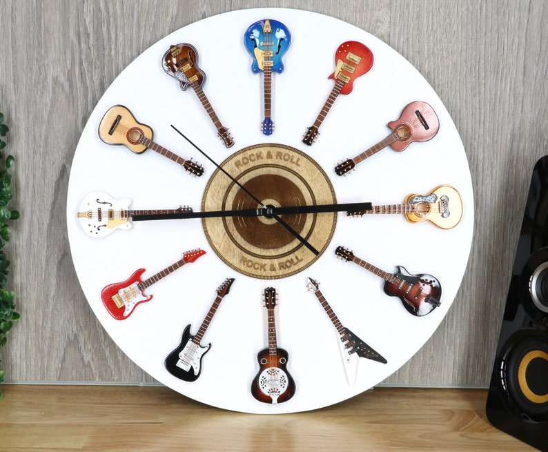 14" Handmade Personalized Wooden Guitar Wall Clock, 3D, Music Room ...