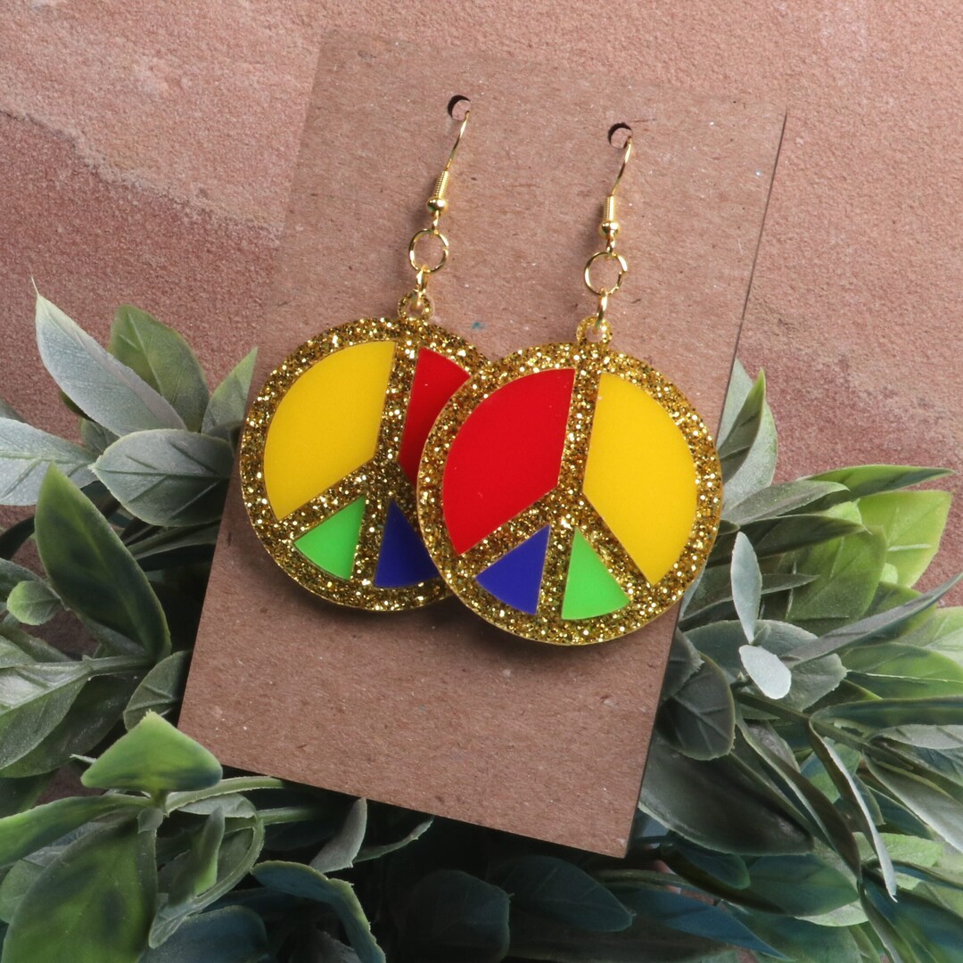Large Glitter Acrylic Peace Sign Earrings, Statement, Hippe Jewelry in ...