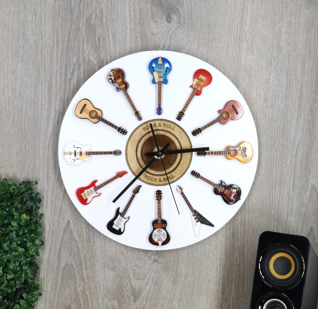 14" Handmade Personalized Wooden Guitar Wall Clock, 3D, Music Room ...
