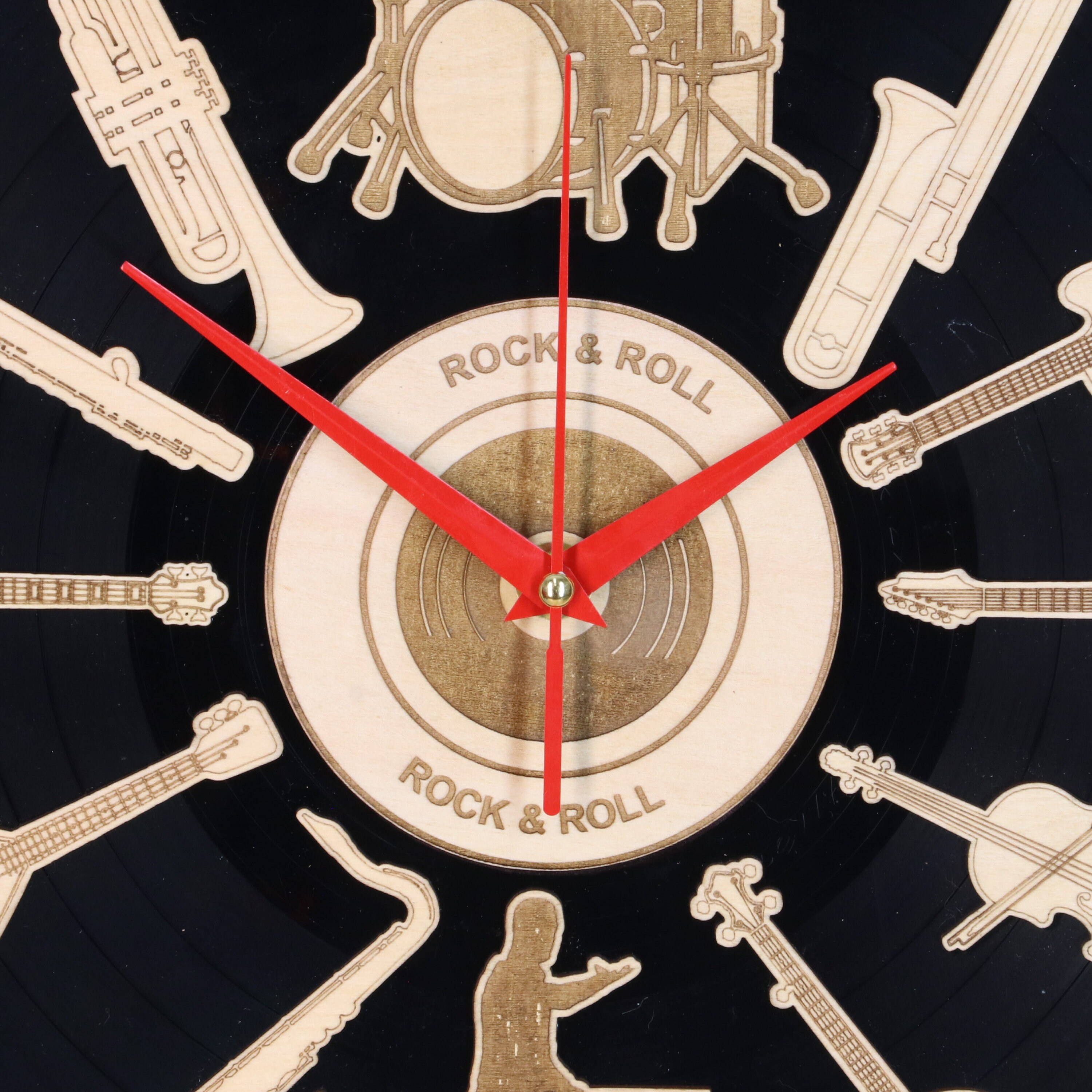 11.75" Vinyl & Wooden Musical Instrument Wall Clock, 12 Instruments ...