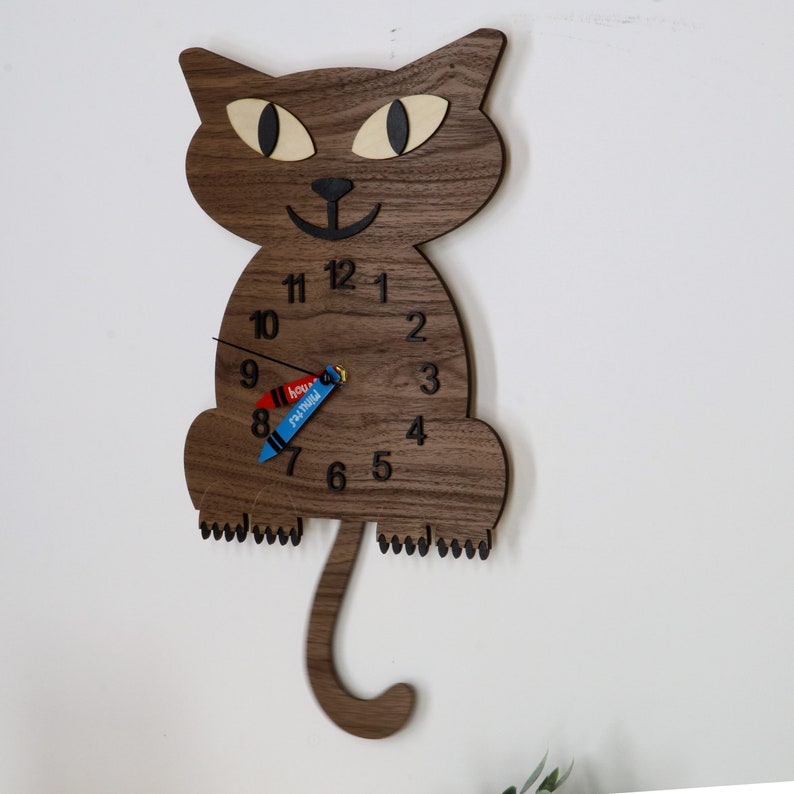 Wooden Cat Pendulum Clock, Cat Lovers, 3D Cat Clock, Nursery or Kids ...
