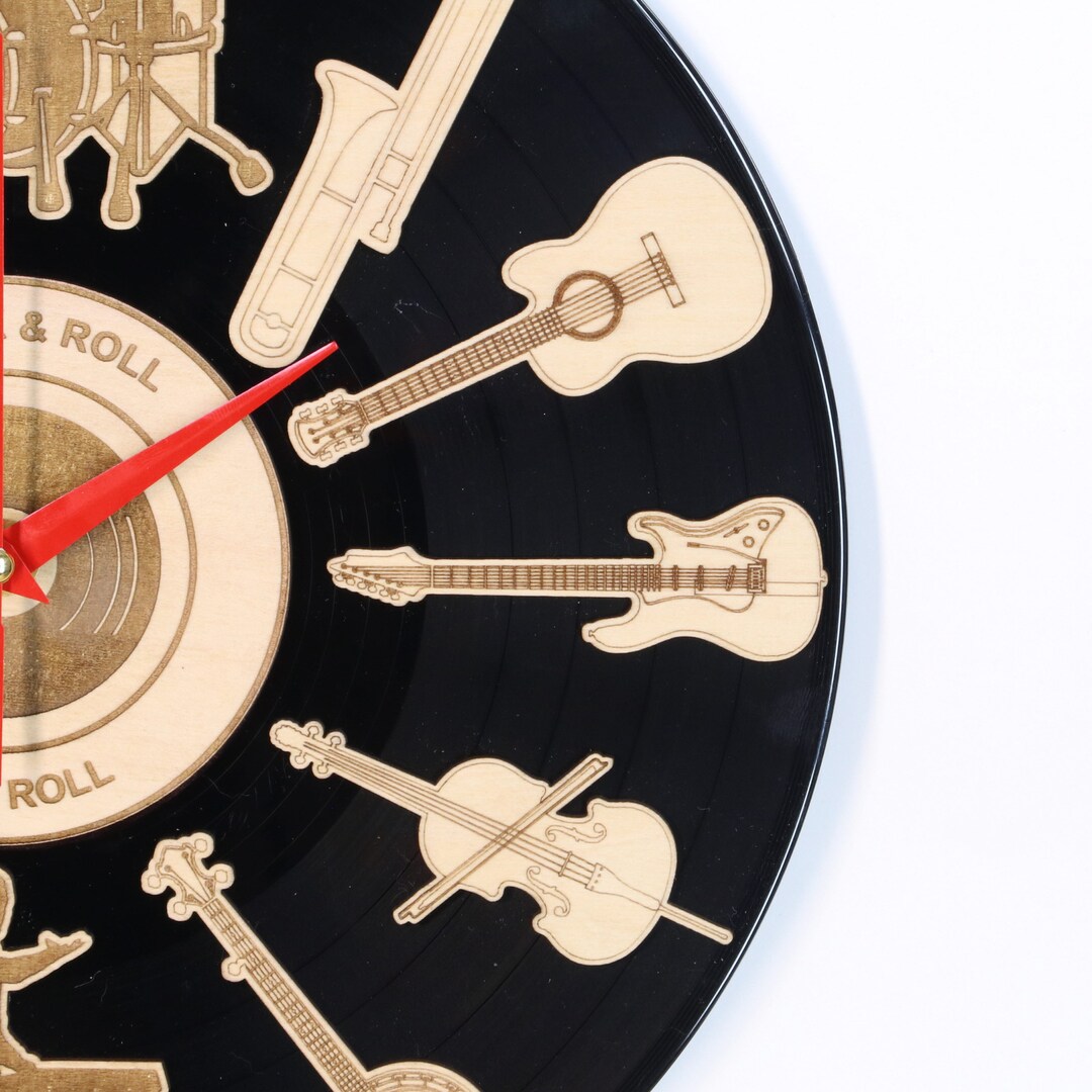 11.75 Vinyl & Wooden Musical Instrument Wall Clock, 12 Intruments Clock ...