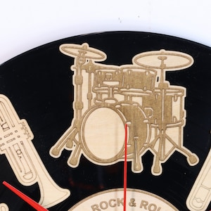 11.75" Vinyl & Wooden Musical Instrument Wall Clock, 12 Instruments ...
