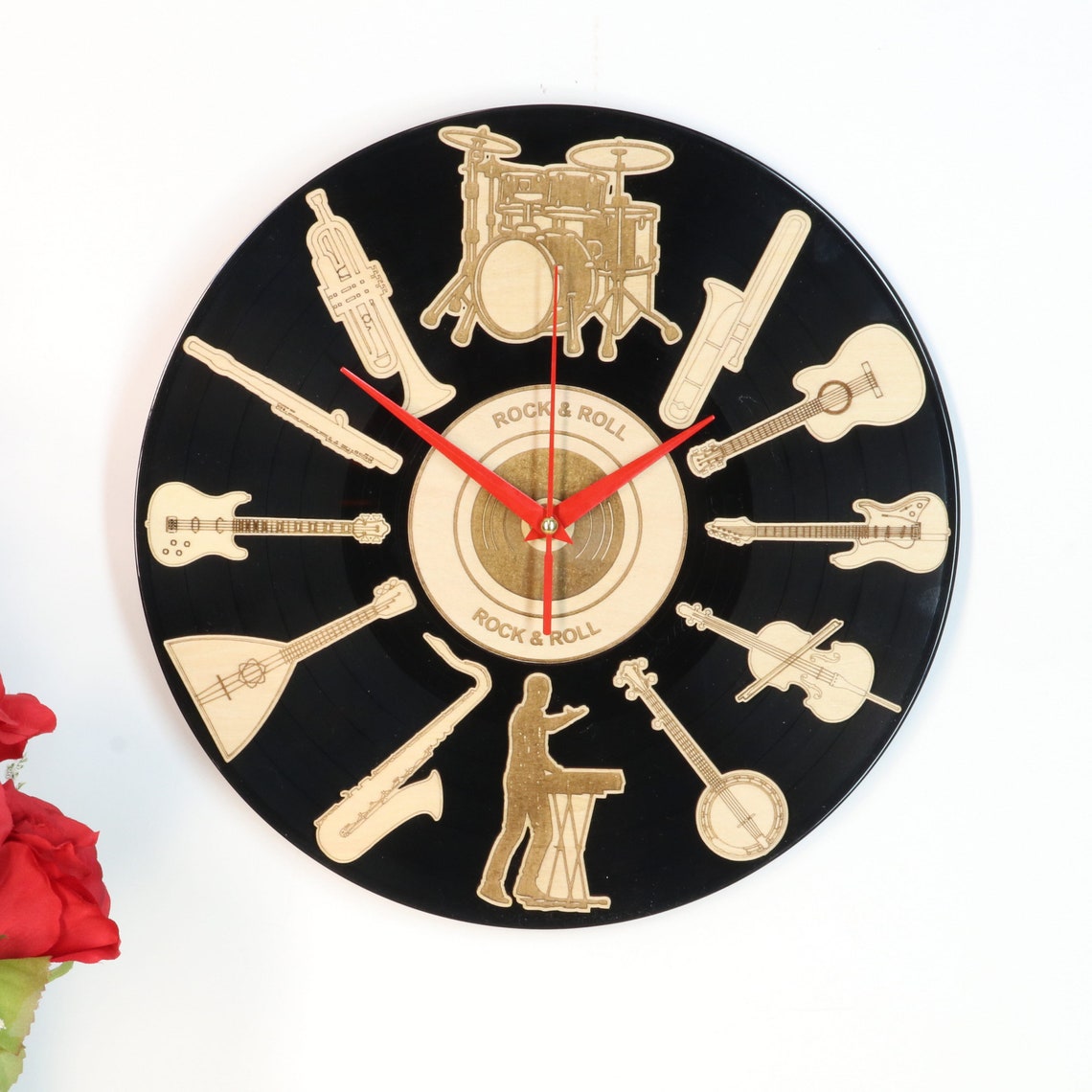 11.75" Vinyl & Wooden Musical Instrument Wall Clock, 12 Instruments ...