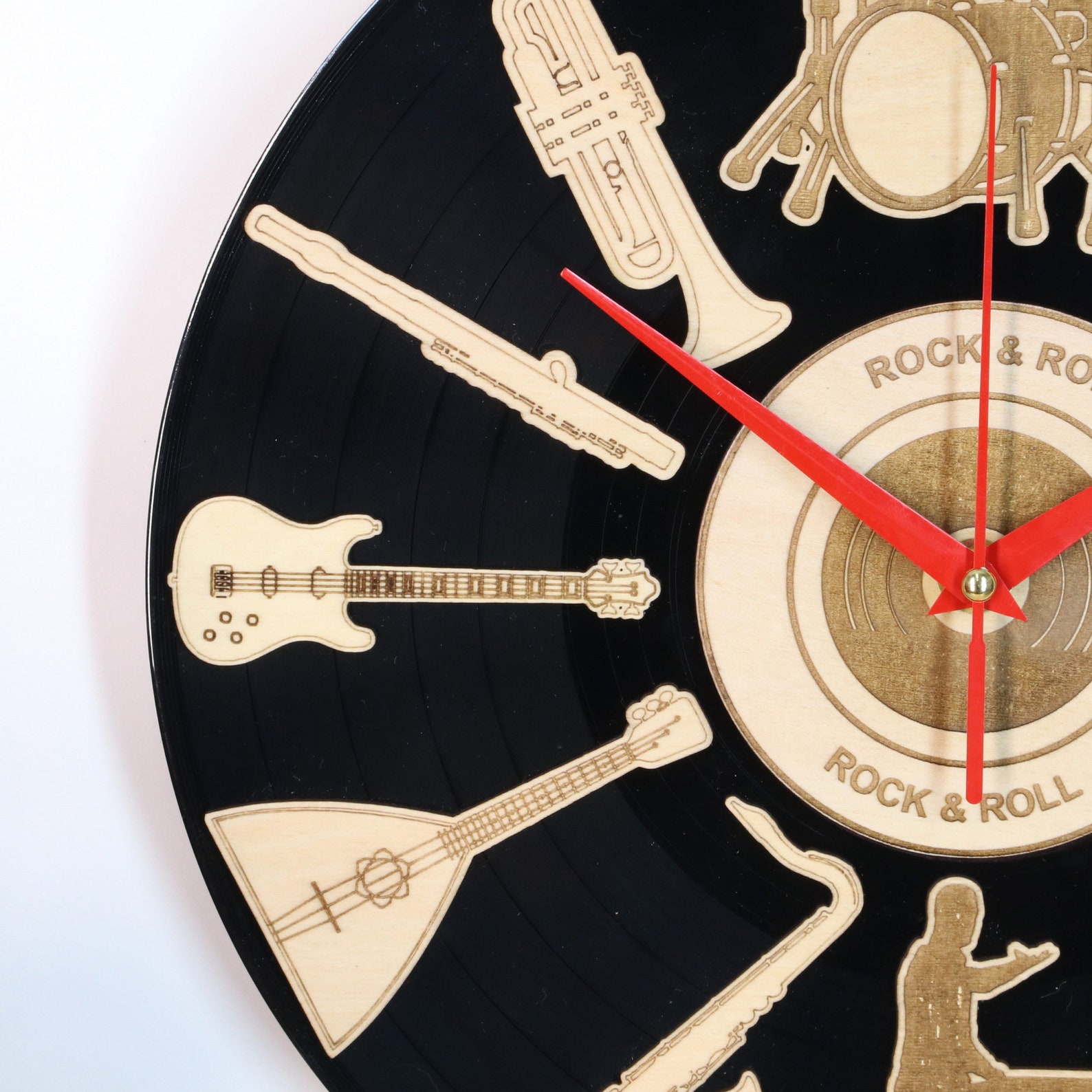 11.75" Vinyl & Wooden Musical Instrument Wall Clock, 12 Instruments ...