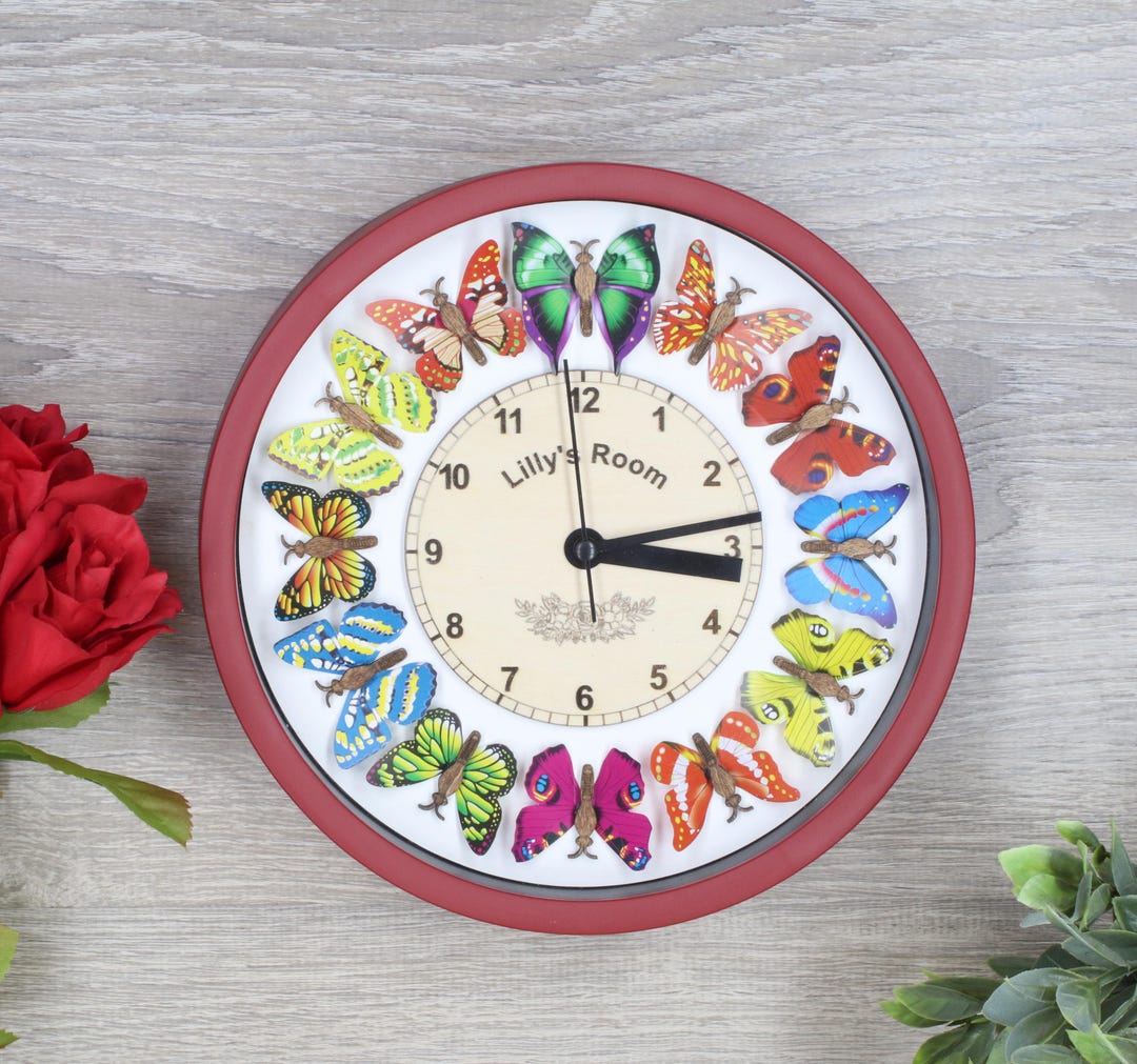 Butterfly Wall Clock, Engraved Butterfly 3D Clock, Nursery Clock, Girls ...
