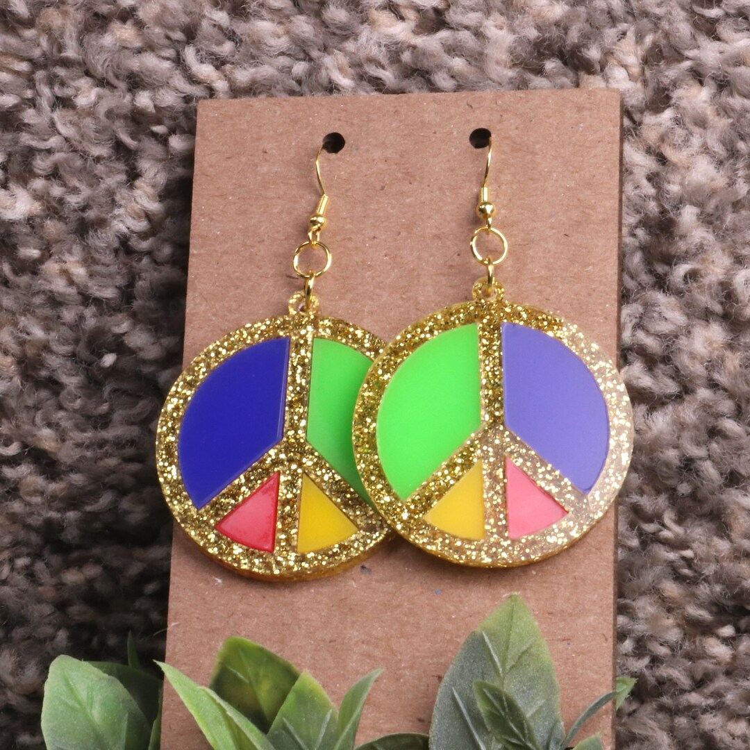Large Glitter Acrylic Peace Sign Earrings, Statement, Hippe Jewelry in ...