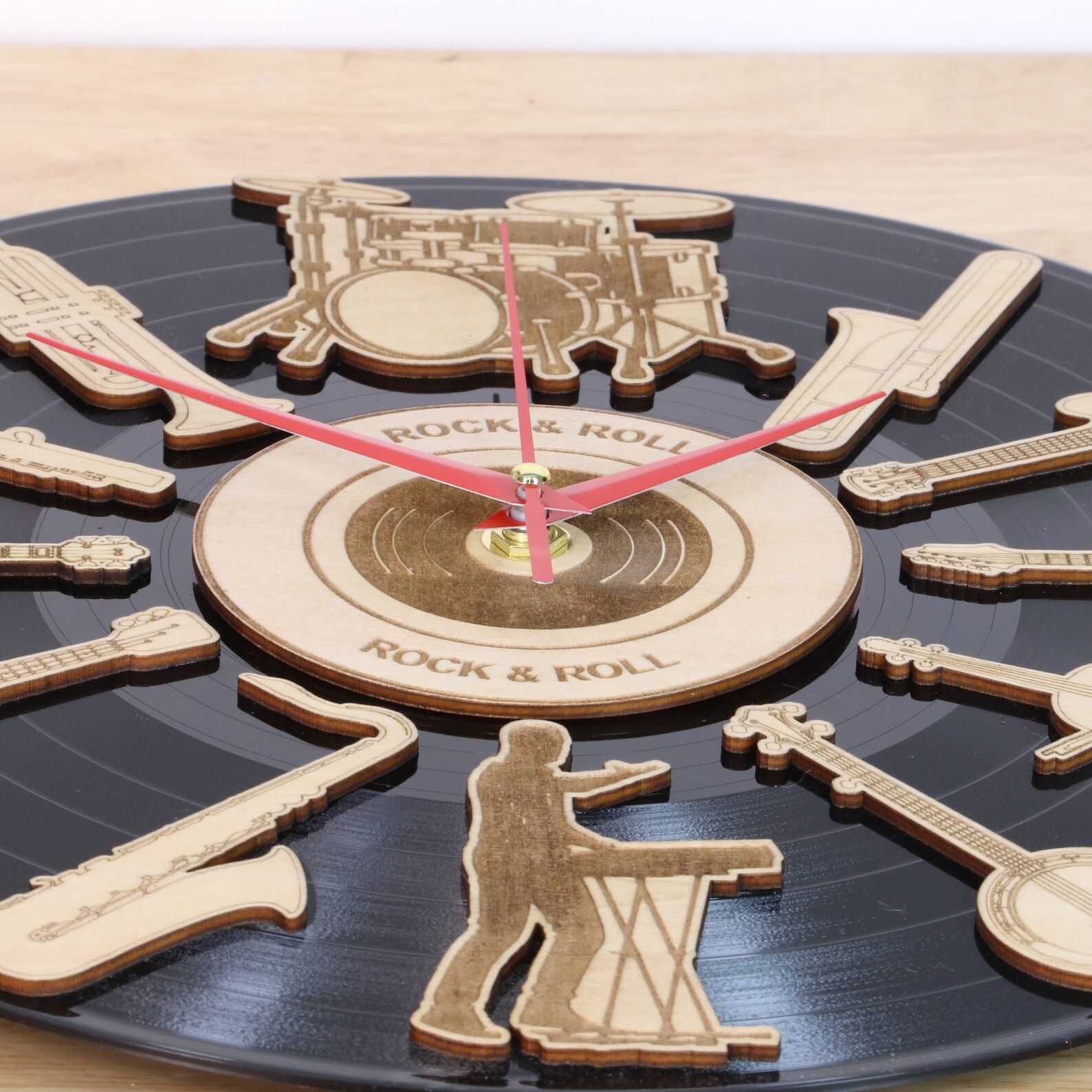 11.75" Vinyl & Wooden Musical Instrument Wall Clock, 12 Instruments ...
