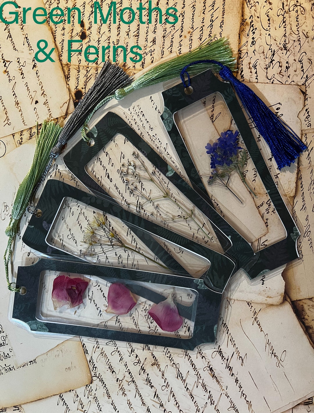 Pressed Flower Bookmark, Green Moths & Ferns Bookmarks, Real Flowers ...