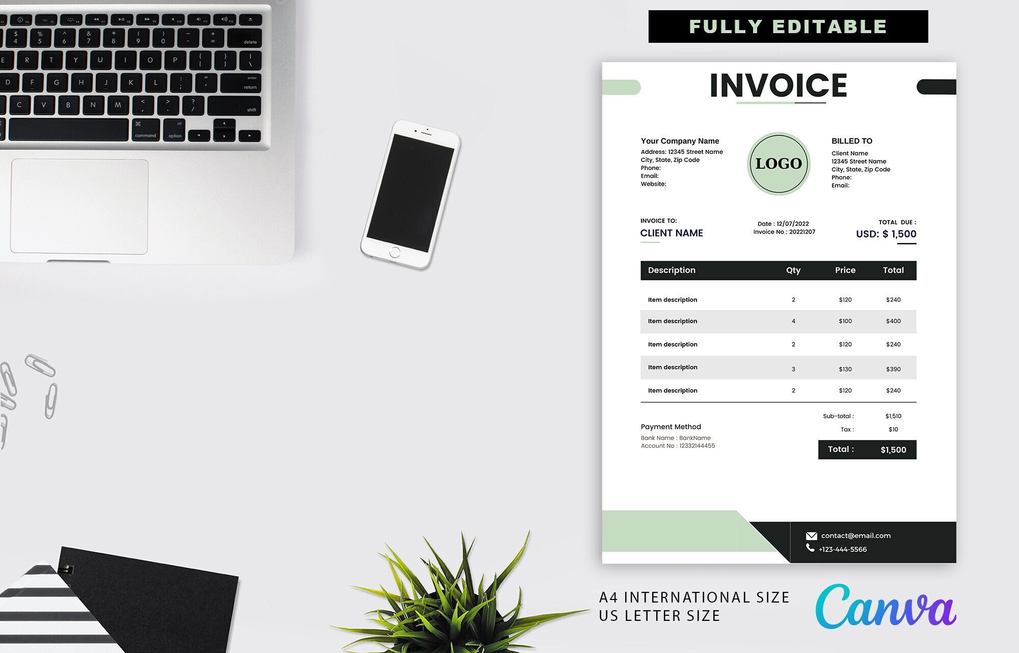 Canvas Invoice Template Invoice Template Printable Invoice Photography ...