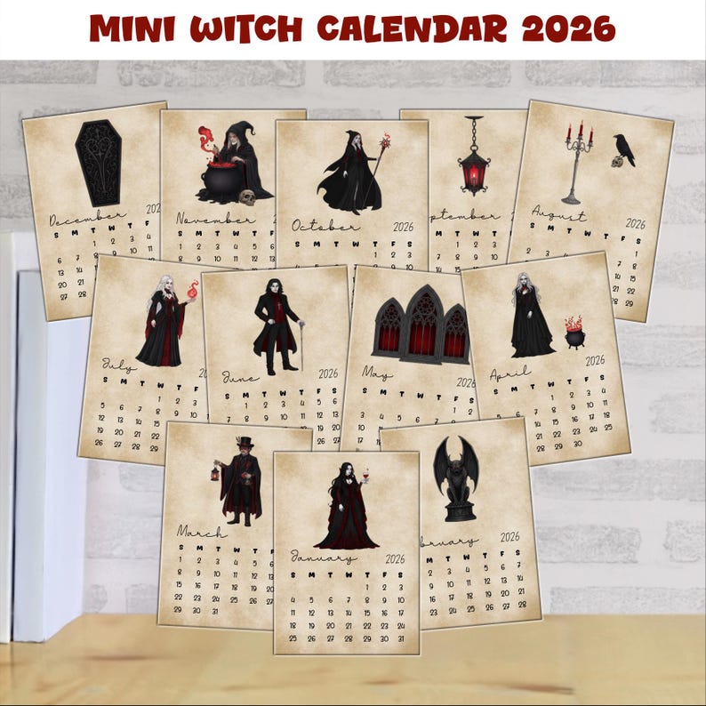 Mini Witch Calendar 2026 Printable Desk Calendar | Vintage Gothic ...