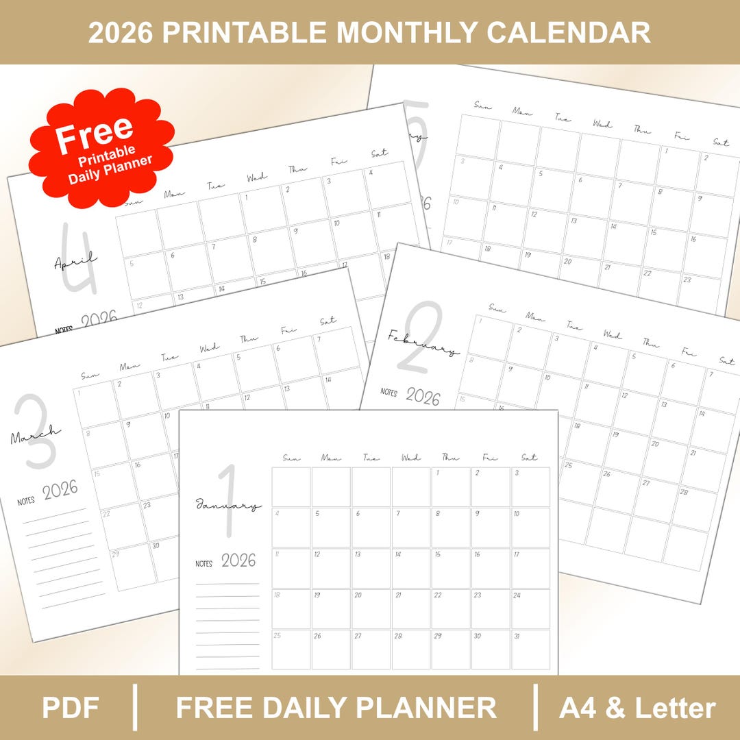 Printable Monthly Calendar 2026 | A4 & Letter Size, 12 Month Wall ...