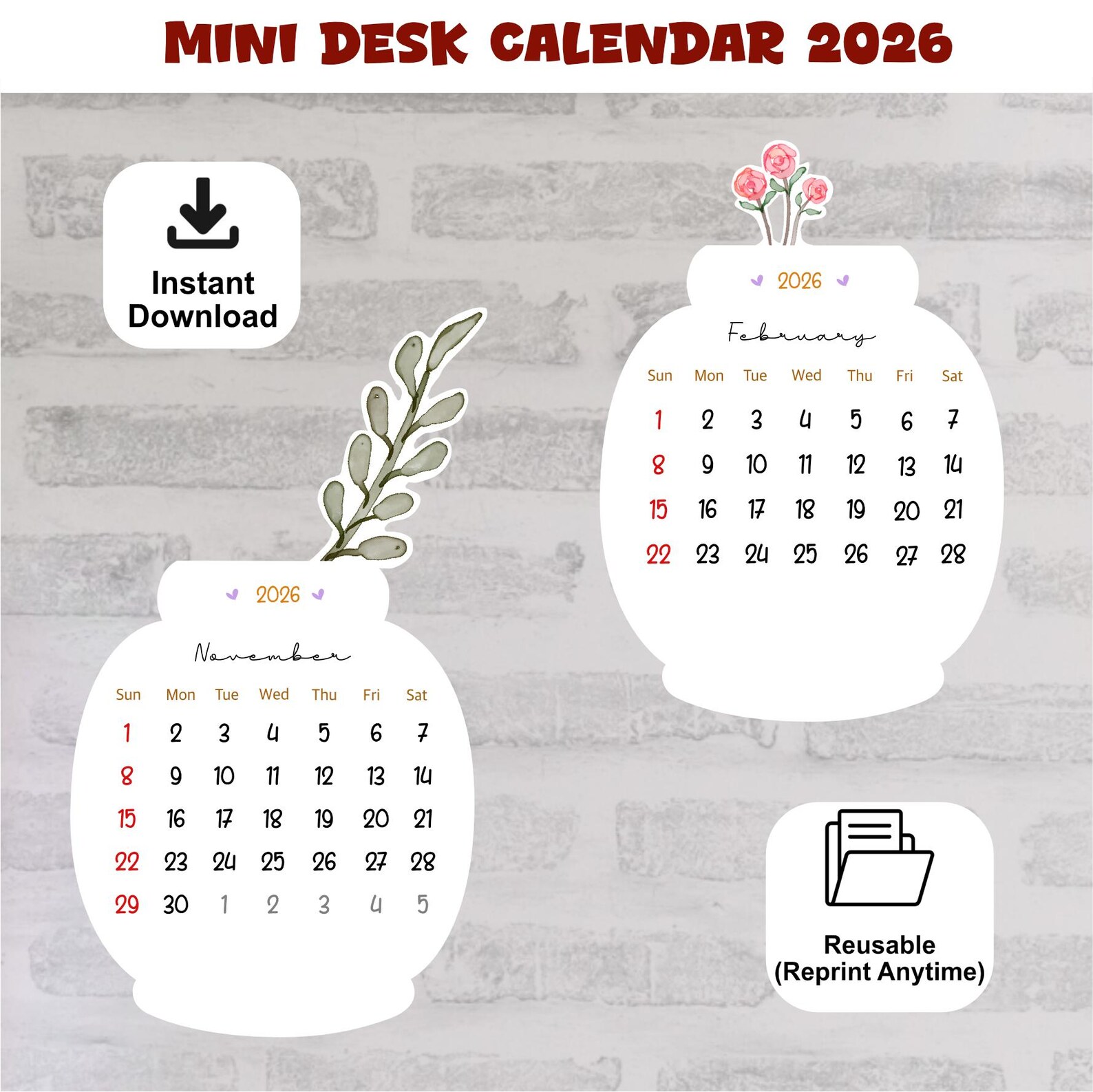 2026 Printable 3D Desk Calendar SVG – Watercolor Floral Design + Stand ...