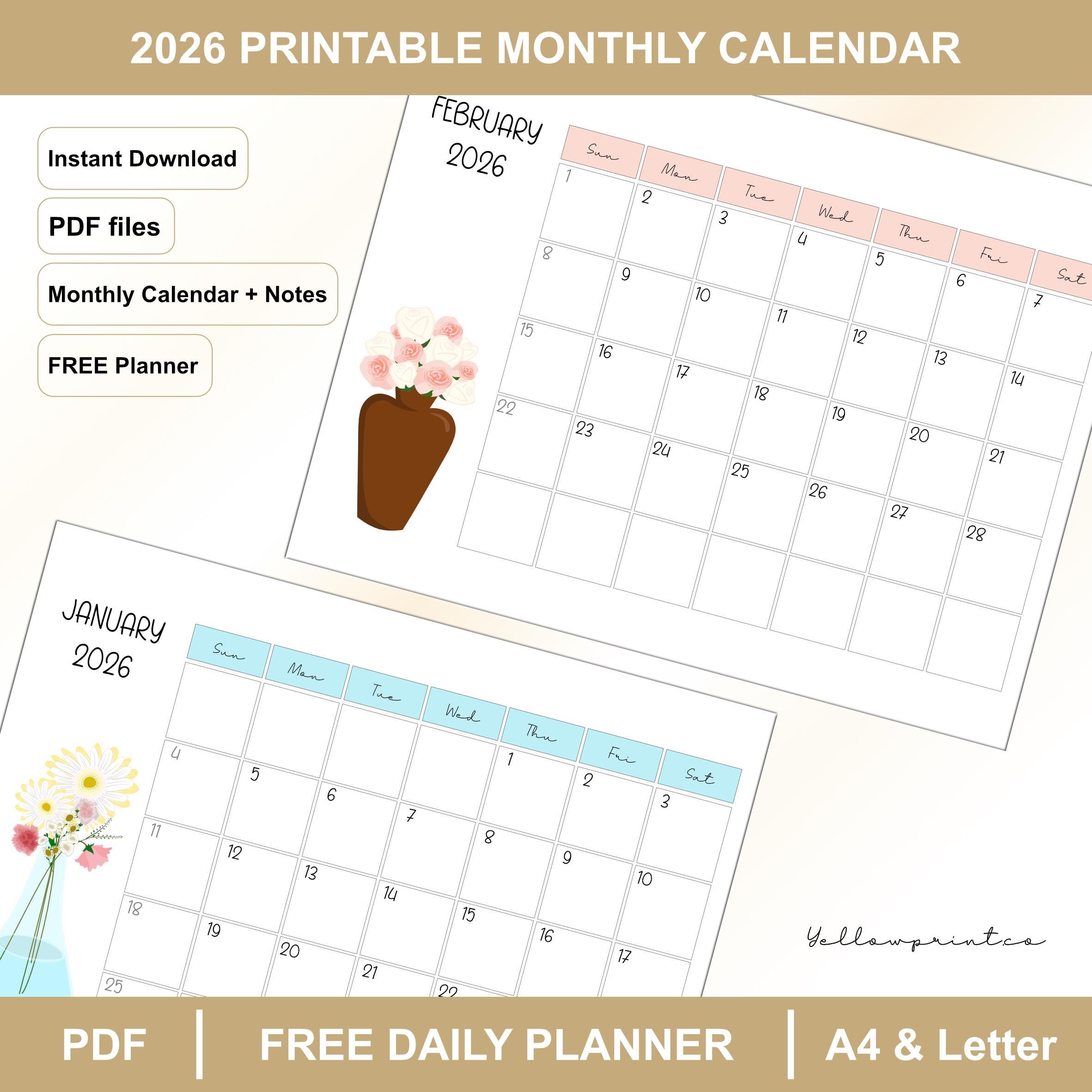 Printable Calendar 2026 | A4 Letter 12 Page Monthly Planner | Simple ...