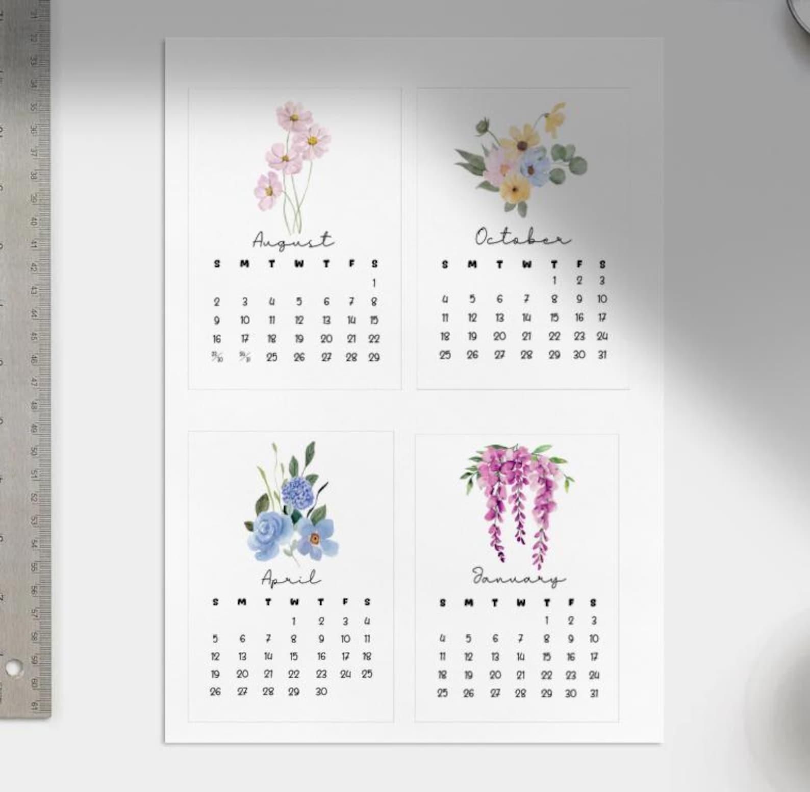 Printable 2026 Calendar, Mini Desk Calendar, Floral Calendar, Monthly ...