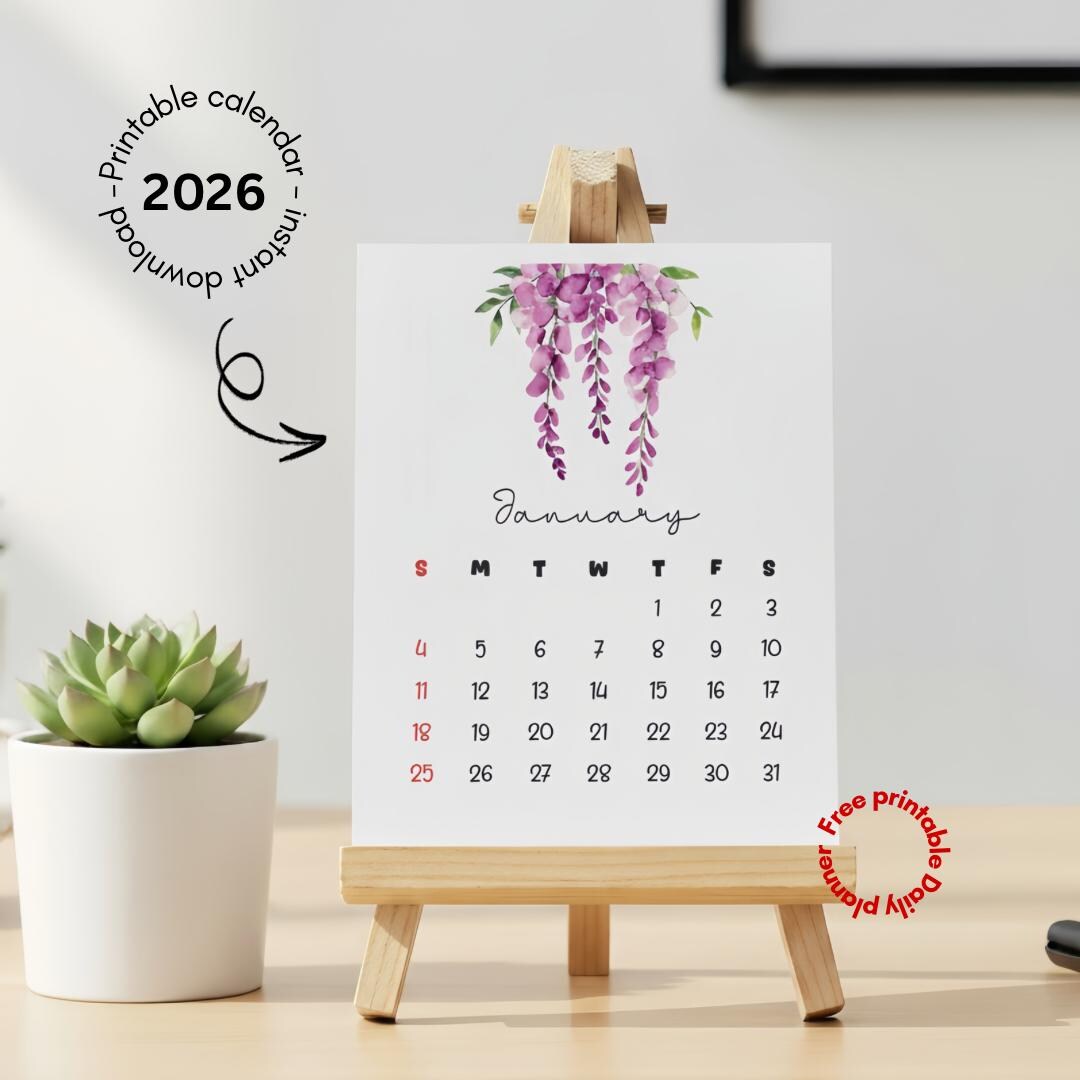Printable 2026 Calendar, Mini Desk Calendar, Floral Calendar, Monthly ...