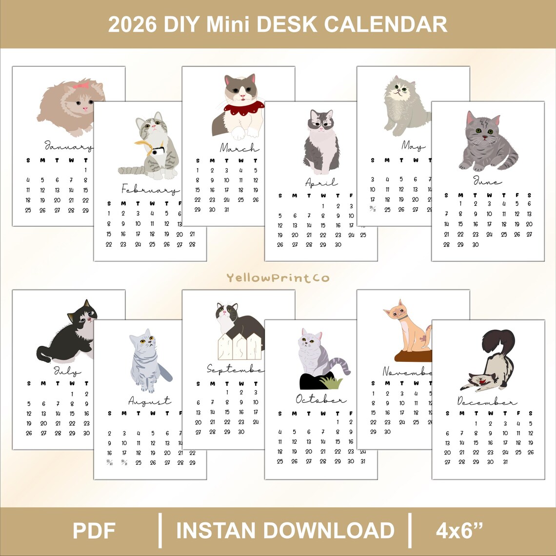 Printable 2026 Calendar, Mini Desk Calendar, Cat Calendar, Monthly ...