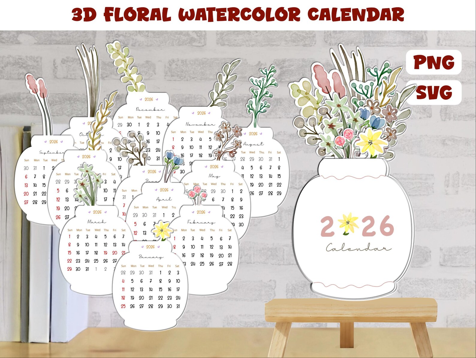 2026 Printable 3D Desk Calendar SVG – Watercolor Floral Design + Stand ...