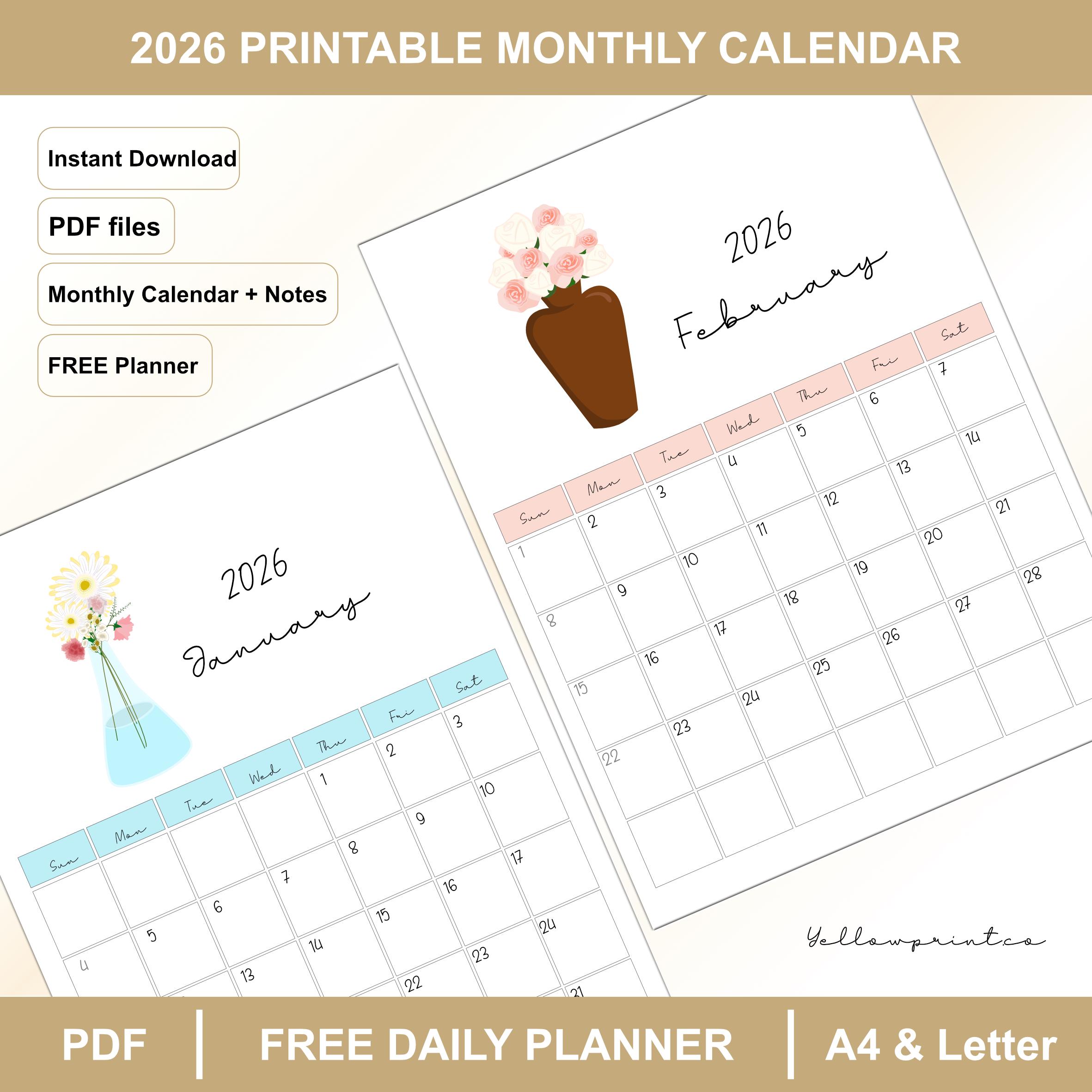 Printable Calendar 2026 | A4 Letter Monthly Planner, 12 Page Floral ...
