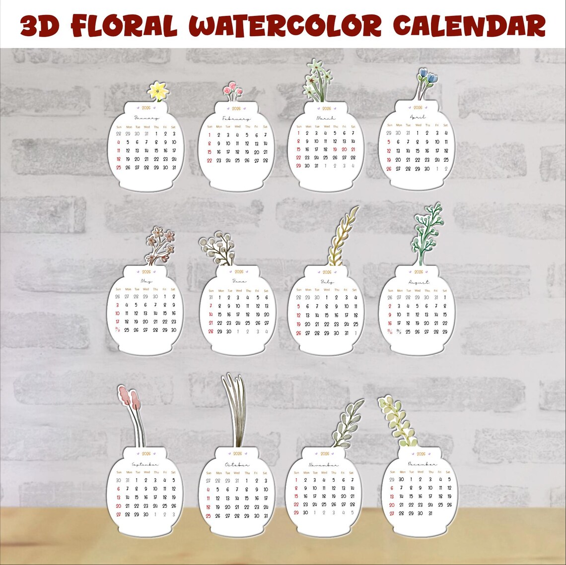 2026 Printable 3D Desk Calendar SVG – Watercolor Floral Design + Stand ...