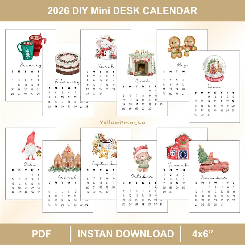 2026 Christmas Mini Calendar, Watercolor Truck, Daily Planner (PDF) - Etsy