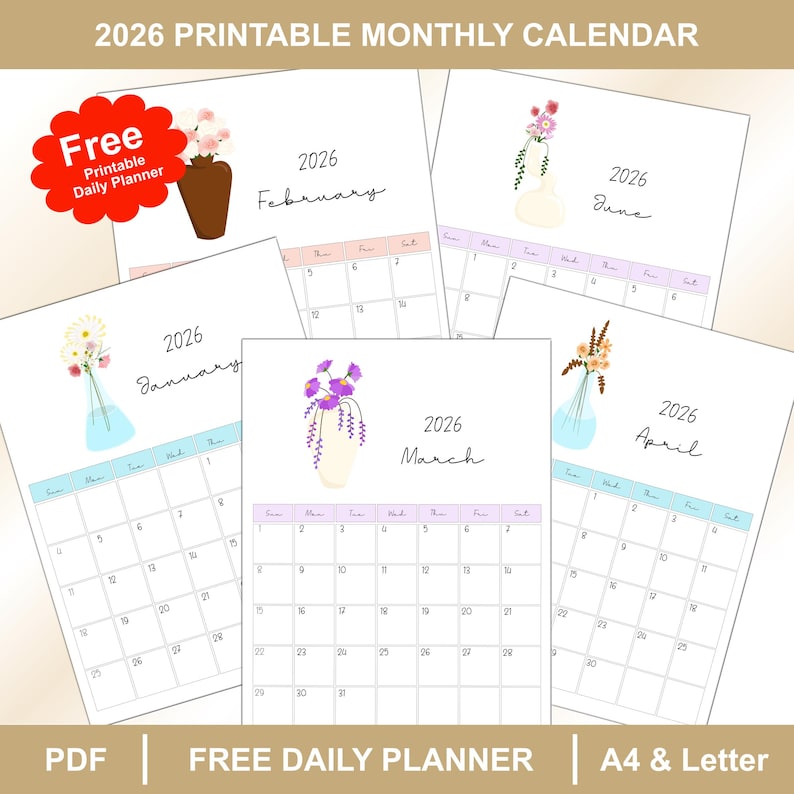 Printable Calendar 2026 | A4 Letter Monthly Planner, 12 Page Floral ...