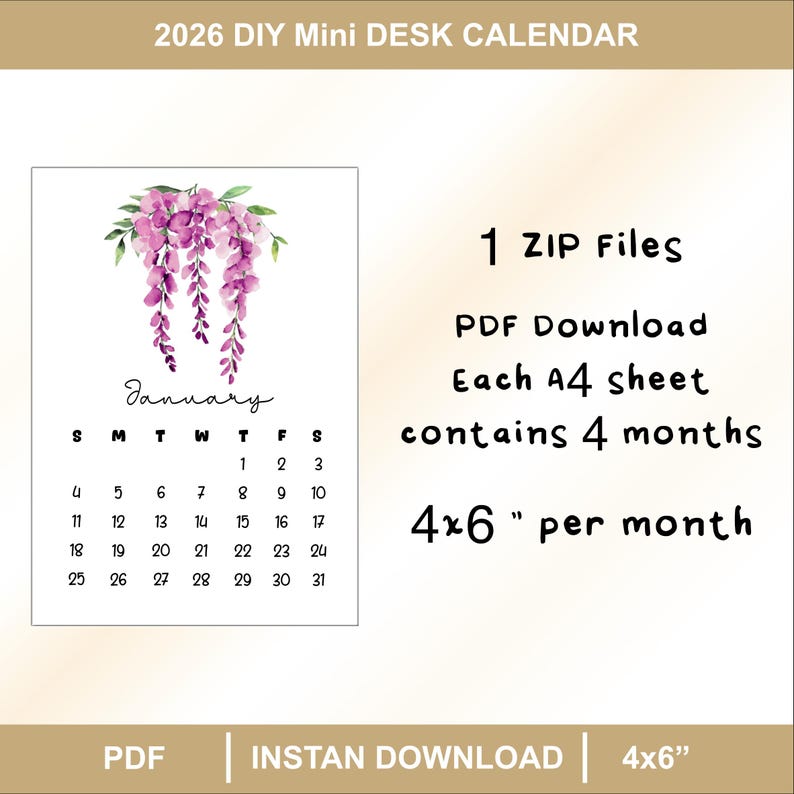 Printable 2026 Calendar, Mini Desk Calendar, Floral Calendar, Monthly ...