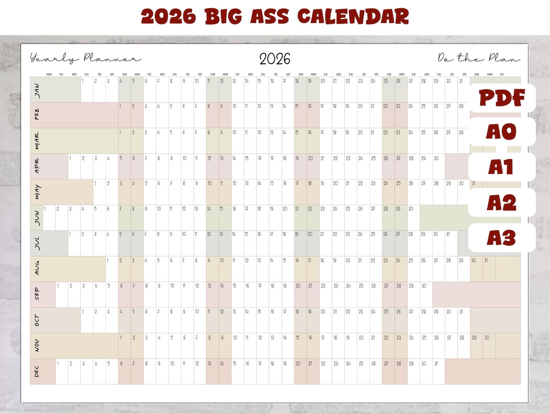 Giant Yearly Calendar 2026 Printable | Earth Tone Big Wall Planner PDF ...