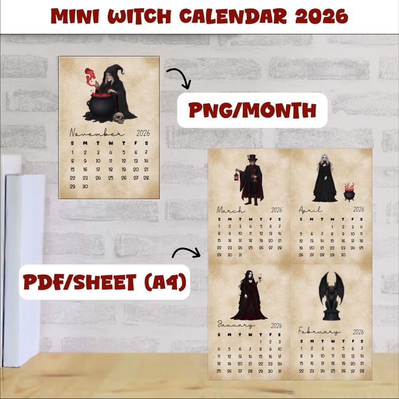 Mini Witch Calendar 2026 Printable Desk Calendar | Vintage Gothic ...