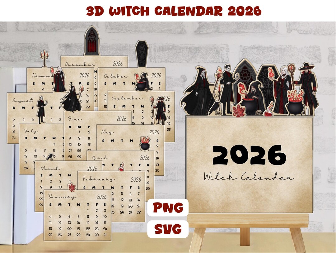 3D Witch Calendar 2026 Printable | Desk Calendar SVG & PNG | Gothic ...