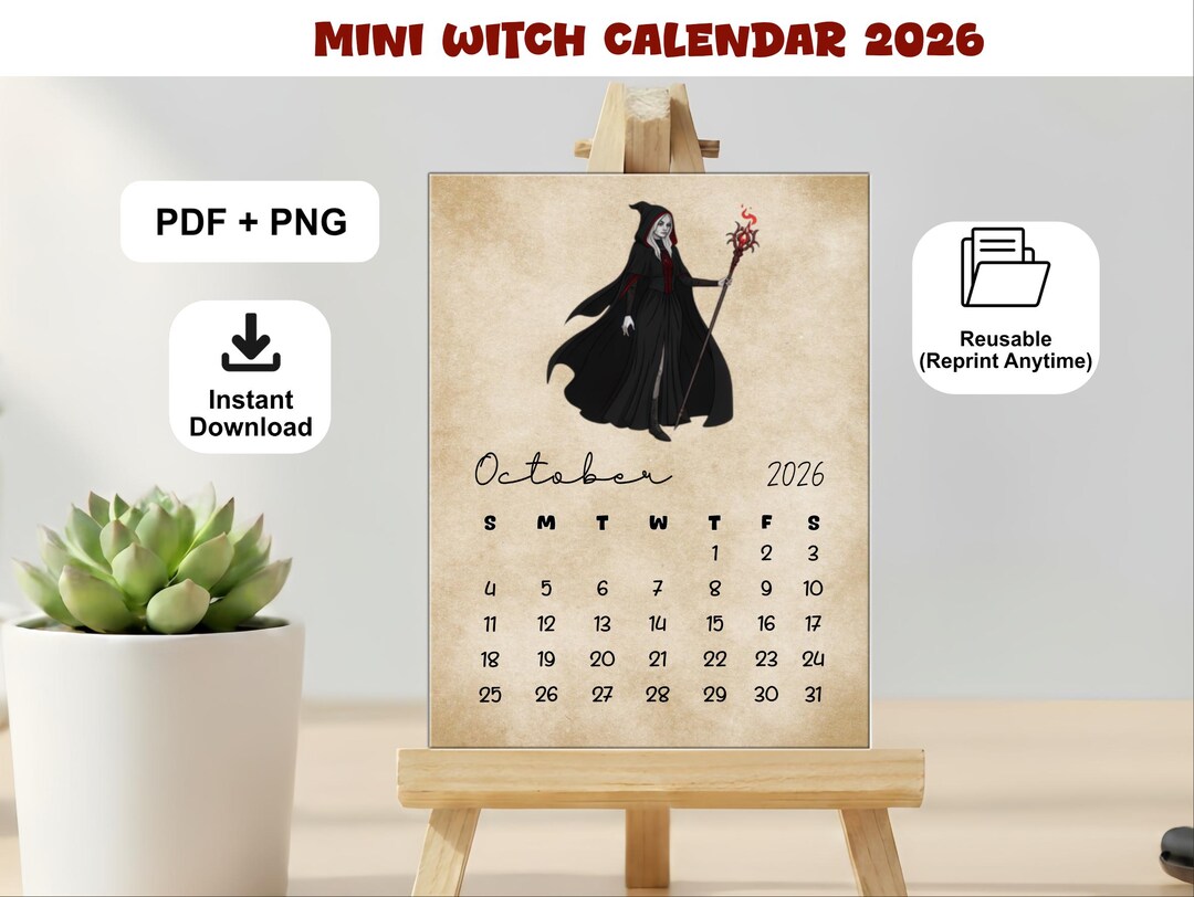 Mini Witch Calendar 2026 Printable Desk Calendar | Vintage Gothic ...