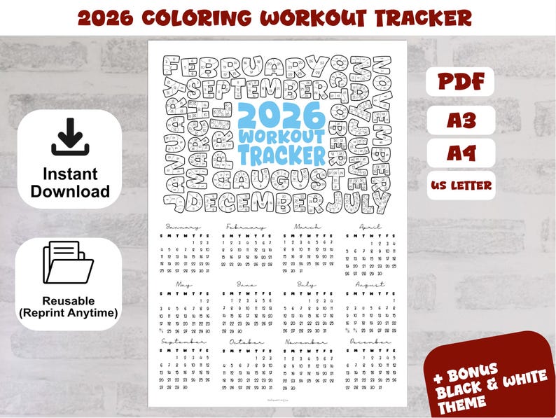 2026 Coloring Workout Tracker Calendar | Printable Fitness Planner (PDF ...