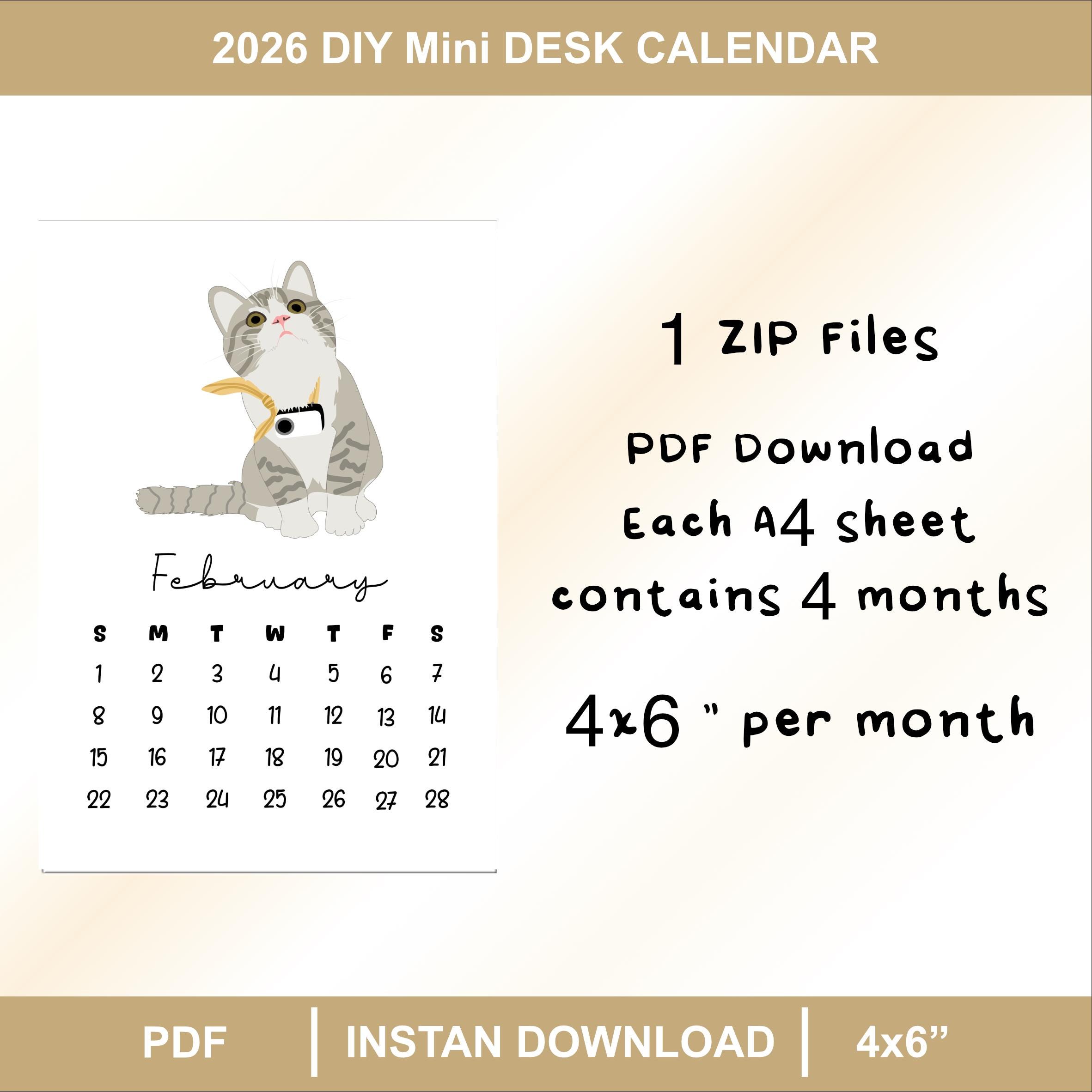 Printable 2026 Calendar, Mini Desk Calendar, Cat Calendar, Monthly ...