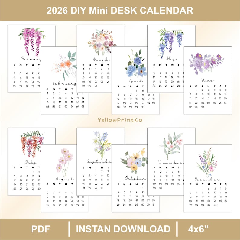 Printable 2026 Calendar, Mini Desk Calendar, Floral Calendar, Monthly ...