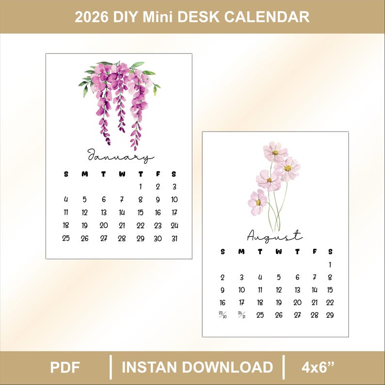 Printable 2026 Calendar, Mini Desk Calendar, Floral Calendar, Monthly ...