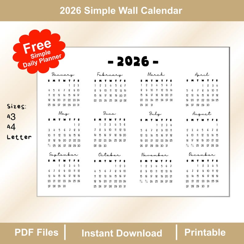 2026 Wall Calendar Printable, Minimalist Yearly Planner (PDF) - Etsy