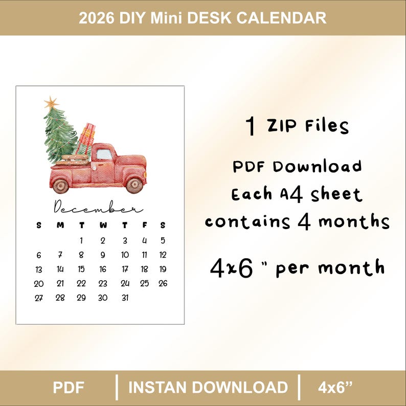 2026 Christmas Mini Calendar, Watercolor Truck, Daily Planner (PDF) - Etsy