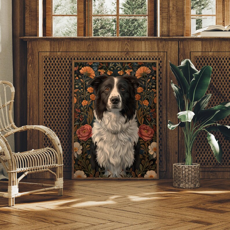 William Morris Border Collie Art | Botanical Vintage Dog Decor | Floral ...