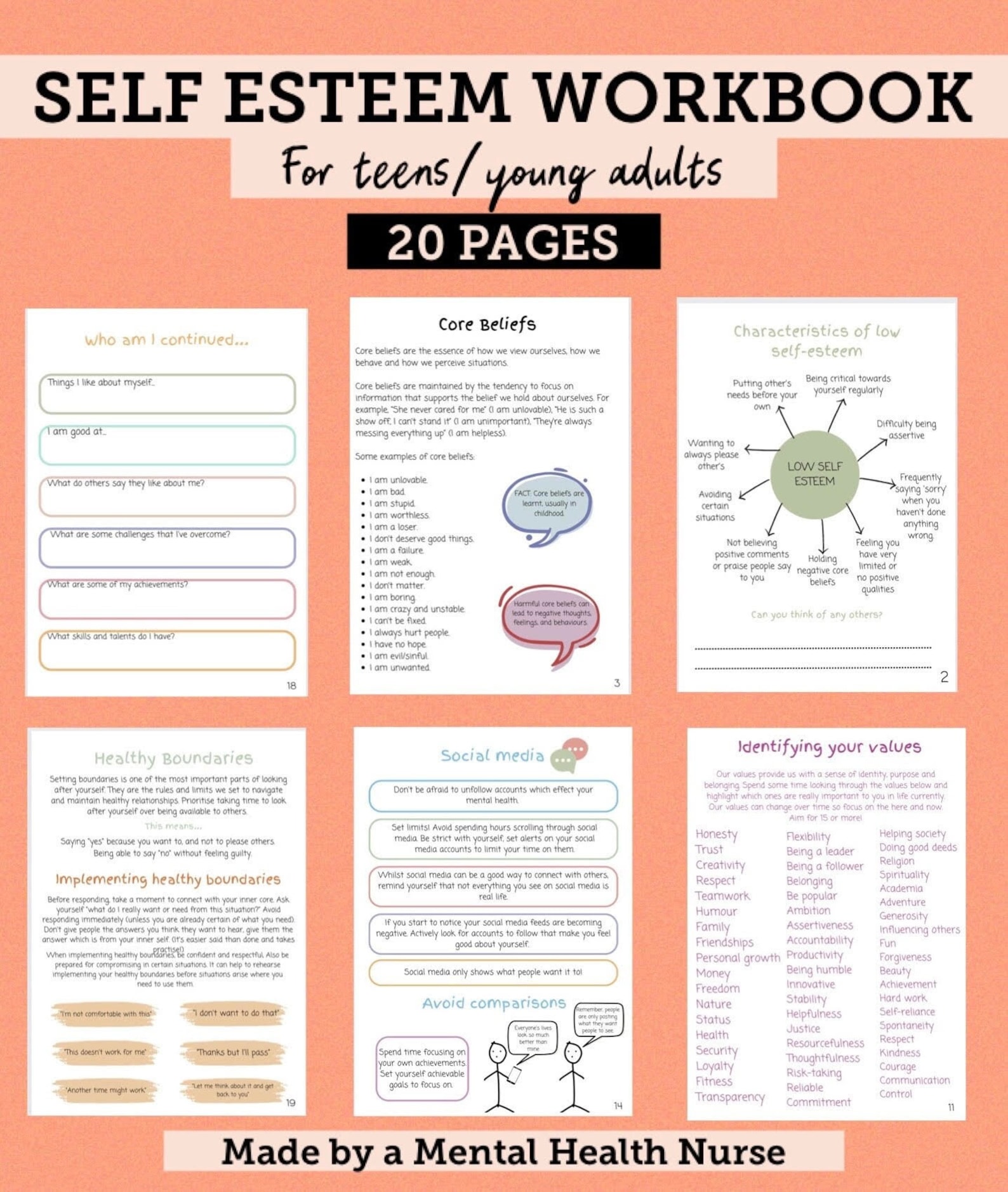 Self Esteem Workbook, Self Esteem Worksheets for Teens, Teen Self ...