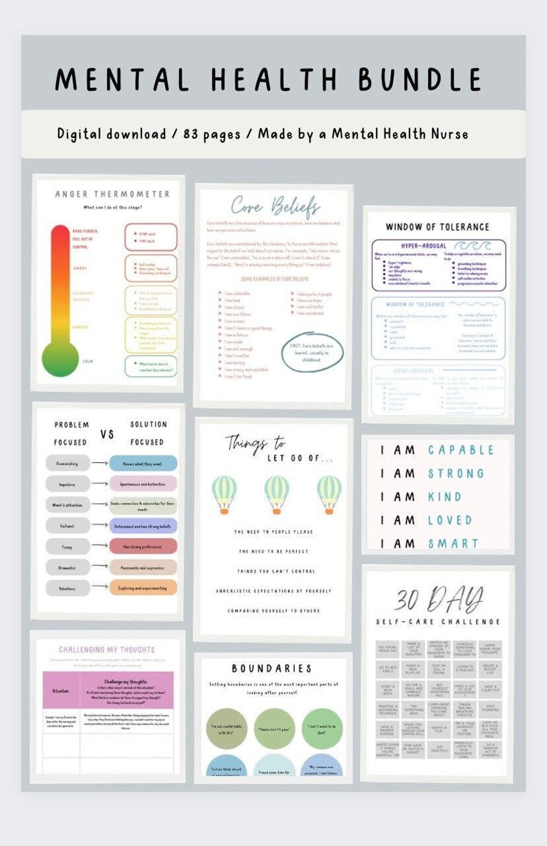 A Bundle of Mental Health Printable Posters and Worksheets, Therapy ...