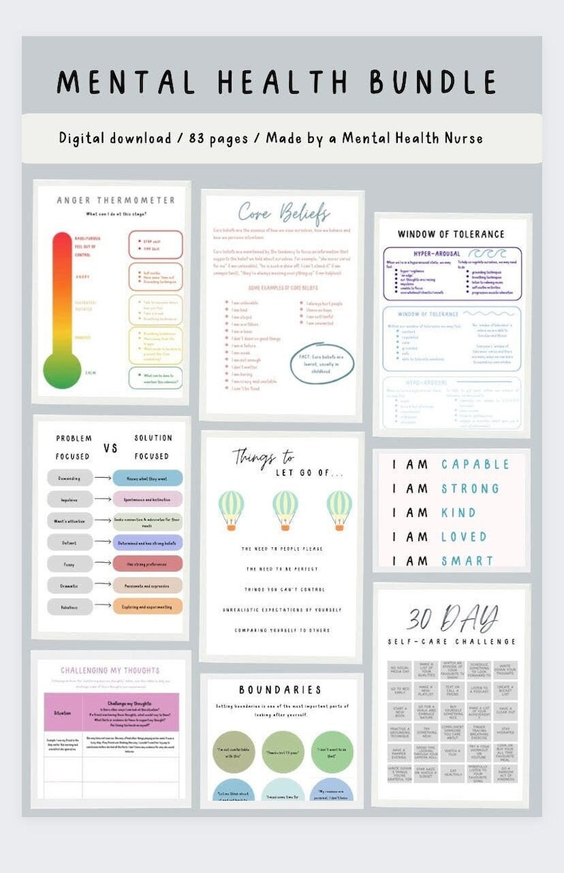 A Bundle of Mental Health Printable Posters and Worksheets, Therapy ...
