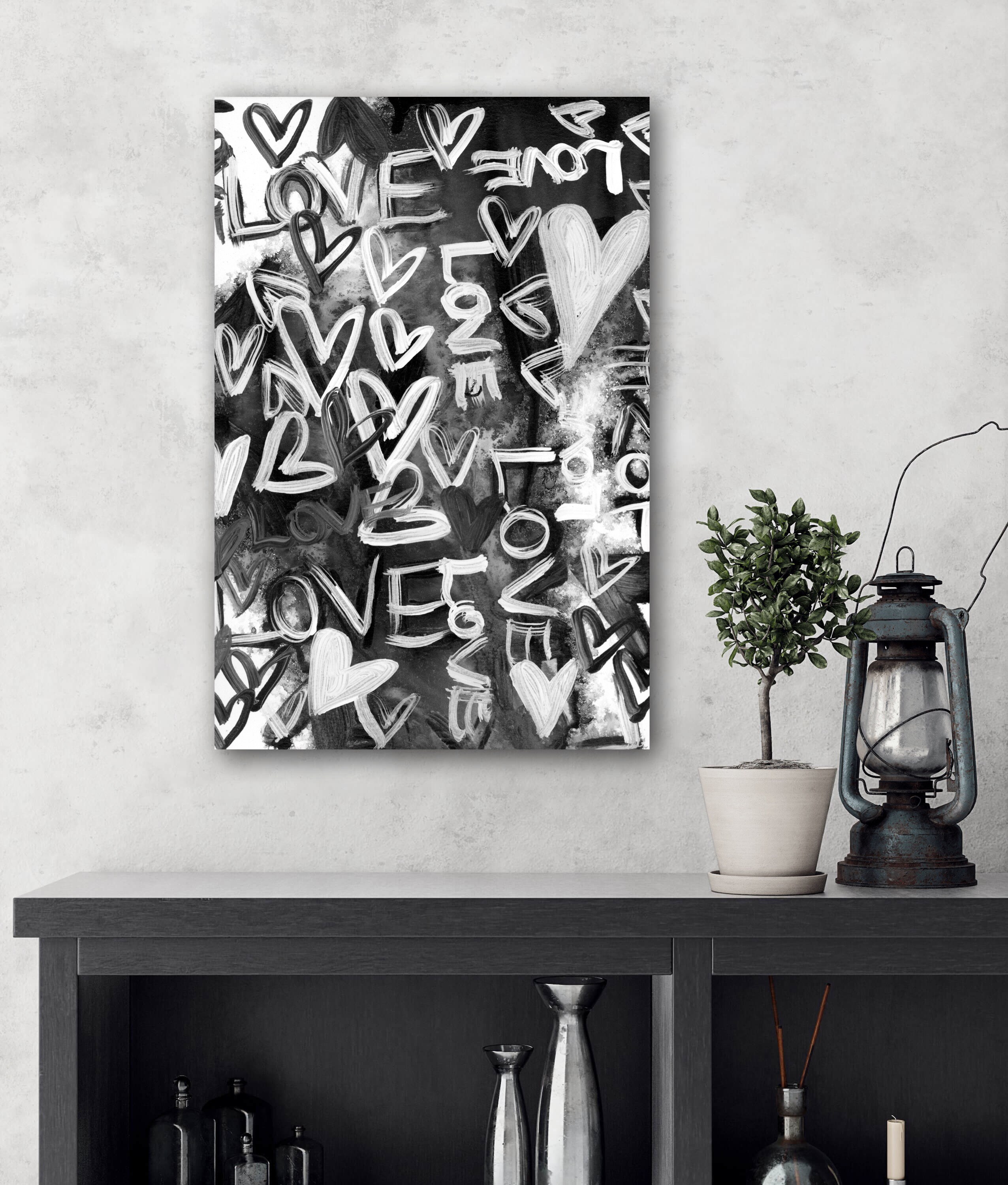 Contemporary Black and White Heart Art Neutral Black and White Room ...