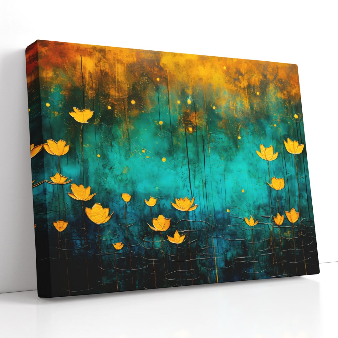 Teal and Gold Flower Wall Art, Abstract Lotus Canvas Print, Modern ...