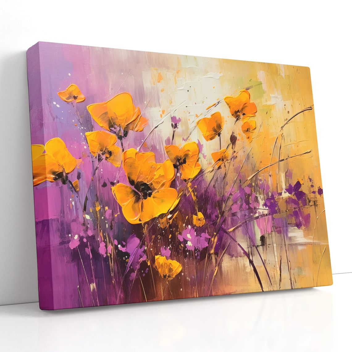 Yellow Flowers Art Print / Yellow & Purple Wall Art / Oil Painting ...