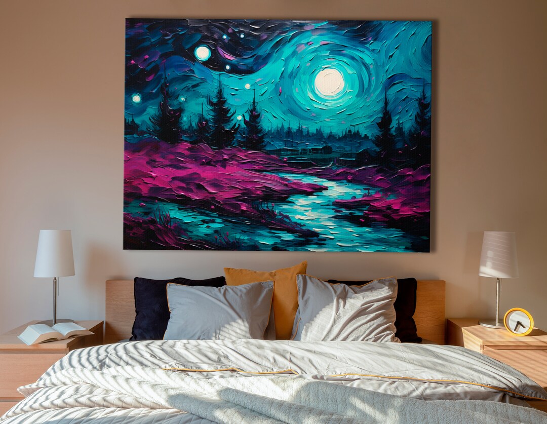 Impressionist Landscape in Cyan & Purple Starry Night Canvas Print ...