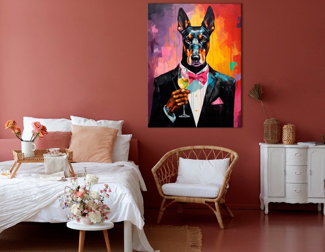 Doberman in Classy Suit Holding a Glass of Wine Canvas Print / Modern ...