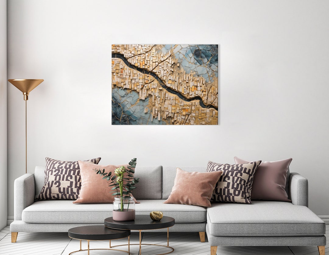 Gold and Navy Blue Kintsugi City Map Canvas Print / Modern Wall Art ...