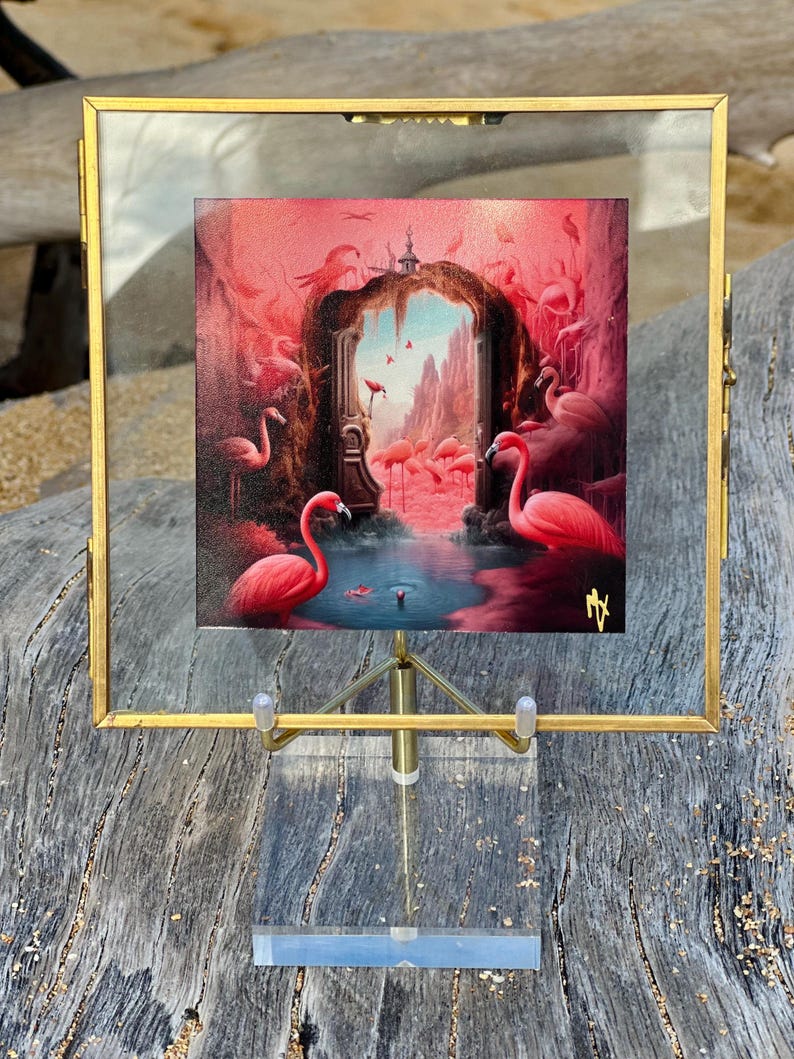 Surreal Flamingo Art Print: Dreamy Coastal Wall Decor, 5x5" Brass Frame ...