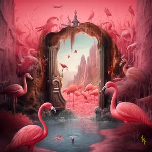 Surreal Flamingo Art Print: Dreamy Coastal Wall Decor, 5x5" Brass Frame ...
